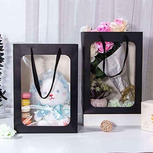 Sdootjewelry 10pcs Black Gift Bag with Transparent Window, 13.8''×7.1''×9.8'' Window Gift Bags with Handles, Flower Bags for Bouquets, Kraft Paper Gift Bags for Party Wedding Shopping Retail