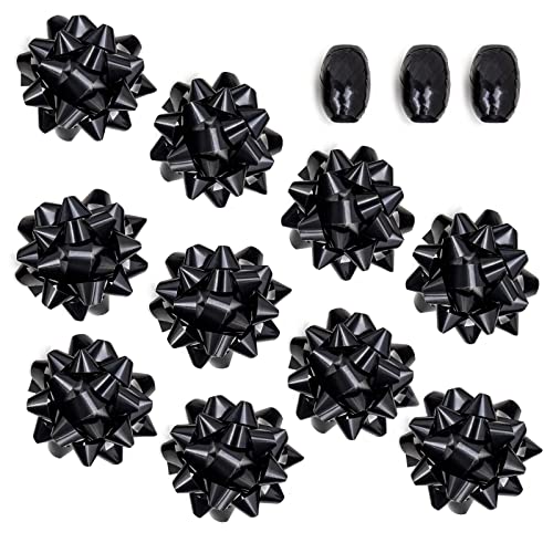 MAYPLUSS 4.5" Black Gift Bow Assortment (10 Bows, 3 Spools of Ribbon), Perfect for Christmas, Birthday, Holiday, Party Favors Decorations