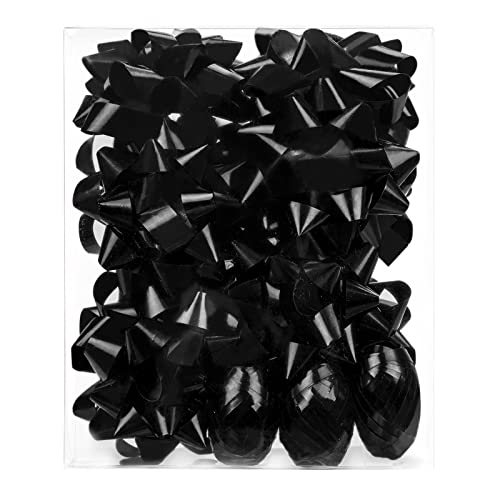 MAYPLUSS 4.5" Black Gift Bow Assortment (10 Bows, 3 Spools of Ribbon), Perfect for Christmas, Birthday, Holiday, Party Favors Decorations