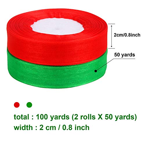 DECYOOL 2 Rolls 100 Yards Christmas Ribbons Organza Holiday Festival Ribbons 0.8" Wide for Gift Wrapping Decoration, Red & Green