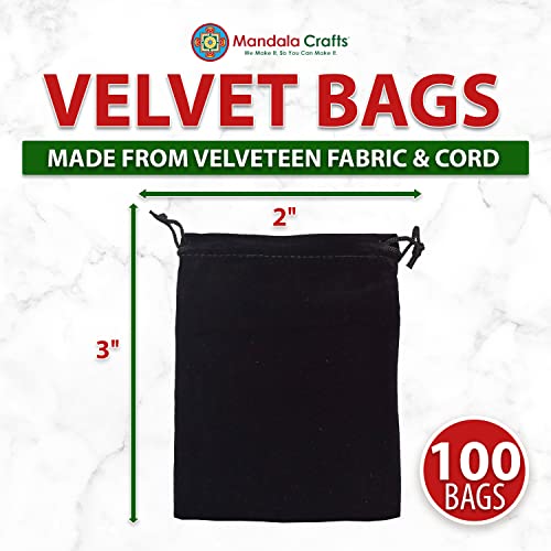 Mandala Crafts Velvet Drawstring Bags 2x3 for Velvet Gift Bags - Black Velvet Bags with Drawstrings 2x3 Inch - 100 PCs Velvet Pouches for Velvet Jewelry Bags