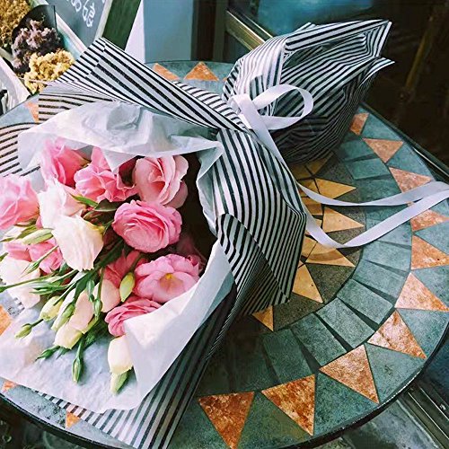 BBJ WRAPS Striped Flower Packaging Paper Waterproof Flower Wrapping Paper Floral Bouquet Gift Packaging Supplies 20 Counts (Black)