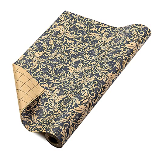 RUSPEPA Kraft Wrapping Paper Roll - Navy Floral Pattern Great for Birthday, Party, Wedding - 17 Inches X 32.8 Feet