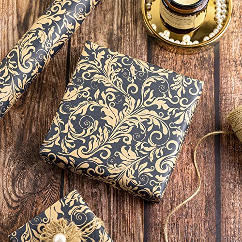 RUSPEPA Kraft Wrapping Paper Roll - Navy Floral Pattern Great for Birthday, Party, Wedding - 17 Inches X 32.8 Feet