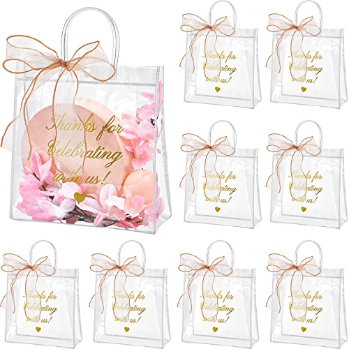 50 Pcs Clear Plastic Gift Bags with Handle Transparent PVC Plastic Gift Wrap Tote Bag Wedding Gift Bags Reusable Small Clear Gift Bags for Shopping Birthday Wedding Party Favor (10 x 10 x 3.5 Inch)