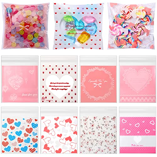 400 Pcs Valentine Cookie Bags Self Adhesive Clear Cellophane Bags Goody Bags Treat Bags Candy Favor Bags Resealable Heart Bags for Valentines Day Party Favors, 4 x 4 Inch