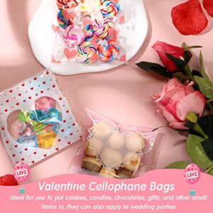 400 Pcs Valentine Cookie Bags Self Adhesive Clear Cellophane Bags Goody Bags Treat Bags Candy Favor Bags Resealable Heart Bags for Valentines Day Party Favors, 4 x 4 Inch