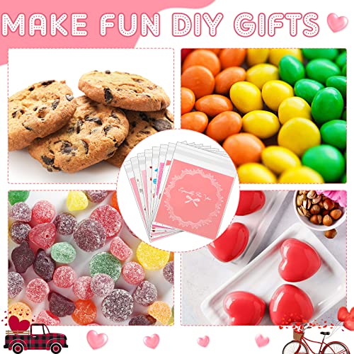 400 Pcs Valentine Cookie Bags Self Adhesive Clear Cellophane Bags Goody Bags Treat Bags Candy Favor Bags Resealable Heart Bags for Valentines Day Party Favors, 4 x 4 Inch