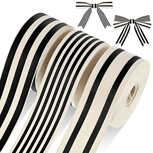 3 Rolls 1 Inch x 18 Yards Christmas Black White Stripe Ribbon Striped Fabric Ribbon Natural Cotton Ribbon Gift Wrapping Craft Ribbons for Home Christmas Wedding Party Decor, 3 Styles