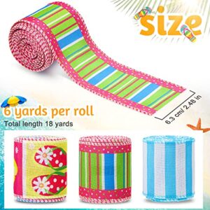 3 Rolls 18 Yards Summer Decorations Ribbon Flip Flop Wired Ribbon Polka Dot Stripe Burlap Ribbons Wired for Summer Wreath Bow DIY Craft Wrapping, 2.5 Inch