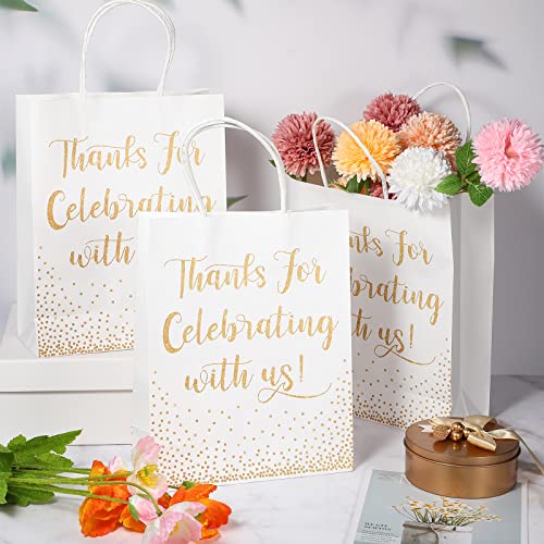 Queekay 80 Pcs Gold Wedding Welcome Bags for Hotel Guests Bulk Thanks for Celebrating with Us Paper Bags Gold Foil Kraft Paper Bags with Handles for Wedding, Baby Shower, Birthday (10 x 8 x 3 Inch)