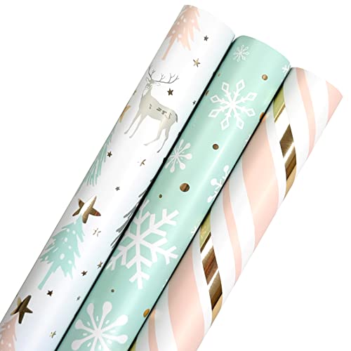 LDGOOAEL Mini Short Small Christmas Wrapping Paper Roll with Cut Lines on Reverse (17" X 120" Per Roll) - Peachy Pink & Mint Blue - Snowflakes, Reindeer for Holiday, Birthday, Wedding, Baby Shower