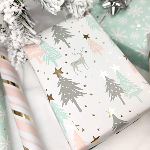 LDGOOAEL Mini Short Small Christmas Wrapping Paper Roll with Cut Lines on Reverse (17" X 120" Per Roll) - Peachy Pink & Mint Blue - Snowflakes, Reindeer for Holiday, Birthday, Wedding, Baby Shower