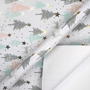 LDGOOAEL Mini Short Small Christmas Wrapping Paper Roll with Cut Lines on Reverse (17" X 120" Per Roll) - Peachy Pink & Mint Blue - Snowflakes, Reindeer for Holiday, Birthday, Wedding, Baby Shower