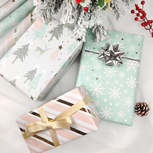 LDGOOAEL Mini Short Small Christmas Wrapping Paper Roll with Cut Lines on Reverse (17" X 120" Per Roll) - Peachy Pink & Mint Blue - Snowflakes, Reindeer for Holiday, Birthday, Wedding, Baby Shower