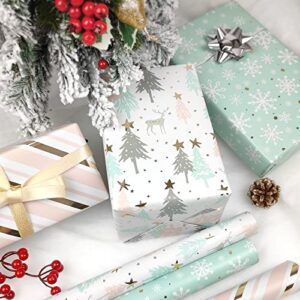 LDGOOAEL Mini Short Small Christmas Wrapping Paper Roll with Cut Lines on Reverse (17" X 120" Per Roll) - Peachy Pink & Mint Blue - Snowflakes, Reindeer for Holiday, Birthday, Wedding, Baby Shower