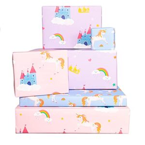 CENTRAL 23 Wrapping Paper (x6) Sheets - Unicorns Rainbows Princess - Pink Blue - Gift Wrap Sheets for Girls Her Women - Birthday or Valentines Day - New Baby - Recyclable - Comes with Stickers