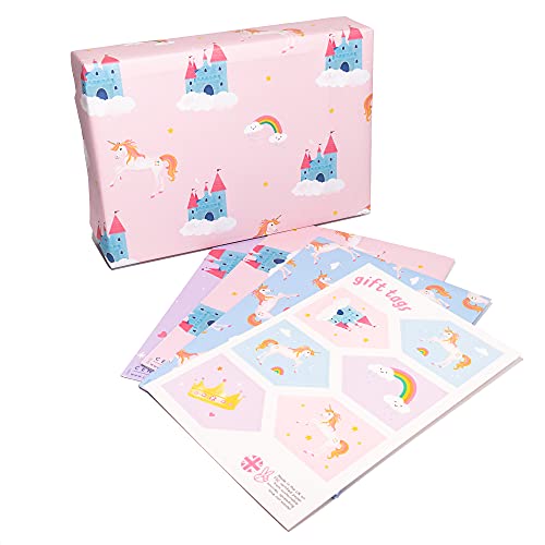 CENTRAL 23 Wrapping Paper (x6) Sheets - Unicorns Rainbows Princess - Pink Blue - Gift Wrap Sheets for Girls Her Women - Birthday or Valentines Day - New Baby - Recyclable - Comes with Stickers