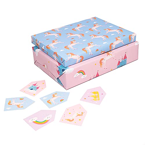 CENTRAL 23 Wrapping Paper (x6) Sheets - Unicorns Rainbows Princess - Pink Blue - Gift Wrap Sheets for Girls Her Women - Birthday or Valentines Day - New Baby - Recyclable - Comes with Stickers