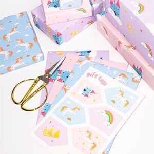 CENTRAL 23 Wrapping Paper (x6) Sheets - Unicorns Rainbows Princess - Pink Blue - Gift Wrap Sheets for Girls Her Women - Birthday or Valentines Day - New Baby - Recyclable - Comes with Stickers