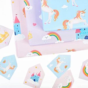 CENTRAL 23 Wrapping Paper (x6) Sheets - Unicorns Rainbows Princess - Pink Blue - Gift Wrap Sheets for Girls Her Women - Birthday or Valentines Day - New Baby - Recyclable - Comes with Stickers