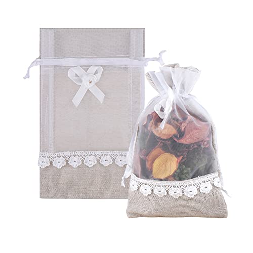 SumDirect Rose Drawstring Burlap Bags - 20pcs Lace Jute Organza Favor Gift Bags, sheer linen favor bags for Wedding