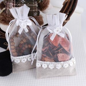 SumDirect Rose Drawstring Burlap Bags - 20pcs Lace Jute Organza Favor Gift Bags, sheer linen favor bags for Wedding