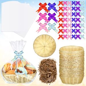 CHENGU 18 Pcs Basket Empty Gift Basket Food Basket Woven Fruit Basket with 48 Colorful Pull Bows 30 Clear Gift Bags Crinkle Cut Paper Shred Filler for Kitchen Restaurant (7.9 x 7.9 x 2.8 Inch, Round)