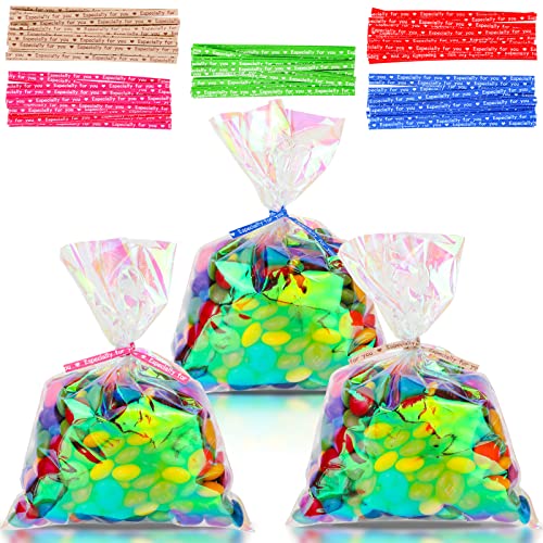 120pcs Cellophane Treat Bags, Iridescent Holographic Cellophane Bags 5x7 inch, Qpout Iridescent Holographic Cellophane Goodie Candy Cookie Bags, Iridescent Holographic Cellophane Party Favor Treat Bag