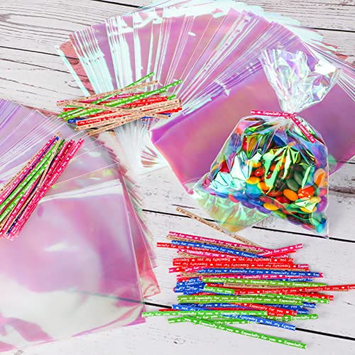 120pcs Cellophane Treat Bags, Iridescent Holographic Cellophane Bags 5x7 inch, Qpout Iridescent Holographic Cellophane Goodie Candy Cookie Bags, Iridescent Holographic Cellophane Party Favor Treat Bag