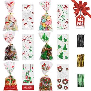 steford 144pcs christmas cellophane bags,xmas clear candy treat cellophane bag with 210pcs twist ties for christmas party favors