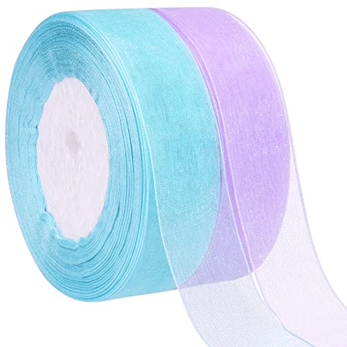 Hapeper 2 Rolls 1 Inch Sheer Organza Chiffon Ribbons for Gift Wrapping DIY Crafts Party Decoration, 50 Yards/ Roll (Light Purple, Light Blue)