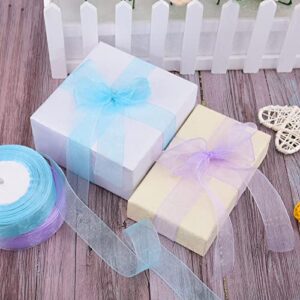 Hapeper 2 Rolls 1 Inch Sheer Organza Chiffon Ribbons for Gift Wrapping DIY Crafts Party Decoration, 50 Yards/ Roll (Light Purple, Light Blue)