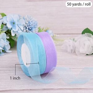 Hapeper 2 Rolls 1 Inch Sheer Organza Chiffon Ribbons for Gift Wrapping DIY Crafts Party Decoration, 50 Yards/ Roll (Light Purple, Light Blue)