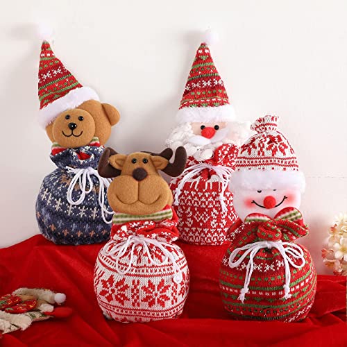 Christmas Gift Doll Bags with Drawstring Reusable, Knitted Burlap Santa Gifts Bags with Drawstring Santa Claus, Snowman, Elk, Bear for Kids Holiday Wrapping (4 Pcs)