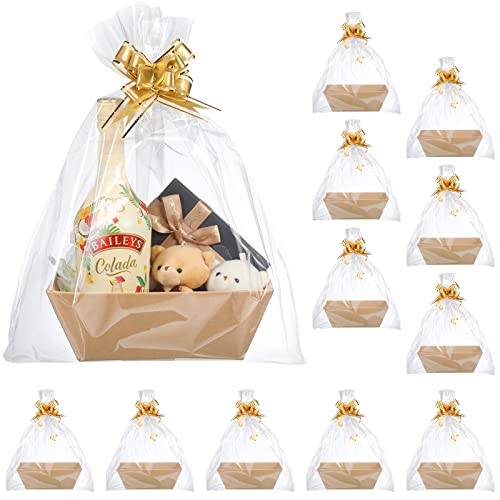 44 Pcs Basket for Gifts Empty Gift Basket Kit Include 12 Gift Basket Empty 12 Plastic Bags for Gift Baskets and 20 Gold Pull Bows for Wedding Birthday Thanksgiving Christmas Party Gift Wrapping