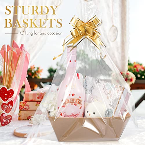 44 Pcs Basket for Gifts Empty Gift Basket Kit Include 12 Gift Basket Empty 12 Plastic Bags for Gift Baskets and 20 Gold Pull Bows for Wedding Birthday Thanksgiving Christmas Party Gift Wrapping