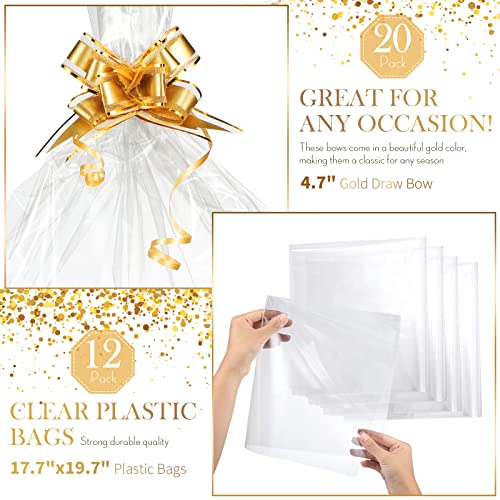 44 Pcs Basket for Gifts Empty Gift Basket Kit Include 12 Gift Basket Empty 12 Plastic Bags for Gift Baskets and 20 Gold Pull Bows for Wedding Birthday Thanksgiving Christmas Party Gift Wrapping