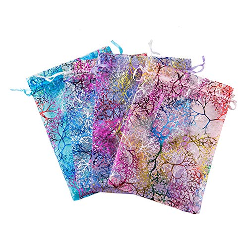 Tvoip 100Pcs Coral Pattern Organza Drawstring Pouches Jewelry Packaging Organza Bags Candy Wedding Christmas Party Gift Bags(Mix) (4x6" (10x15cm))