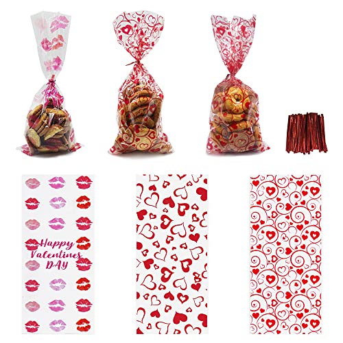 Hying 150 PCS Happy Valentine's Day Cellophane Bags with Twist Ties for Gifts, Love Heart Kiss Cello Treat Bages Valentines Treat Bags for Cookie Candy Goodies Wrapping Supplies