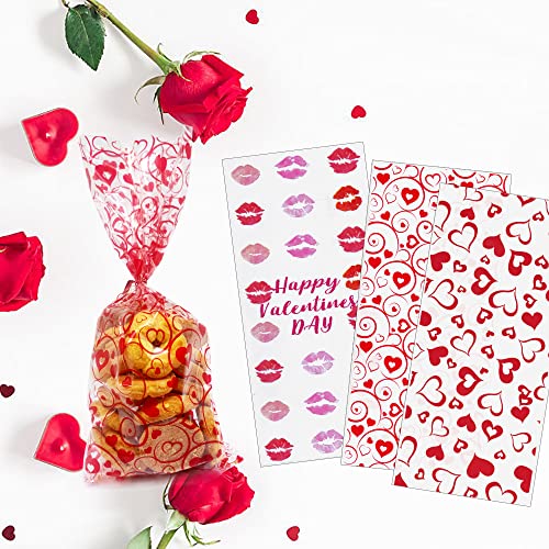 Hying 150 PCS Happy Valentine's Day Cellophane Bags with Twist Ties for Gifts, Love Heart Kiss Cello Treat Bages Valentines Treat Bags for Cookie Candy Goodies Wrapping Supplies