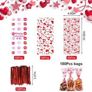 Hying 150 PCS Happy Valentine's Day Cellophane Bags with Twist Ties for Gifts, Love Heart Kiss Cello Treat Bages Valentines Treat Bags for Cookie Candy Goodies Wrapping Supplies