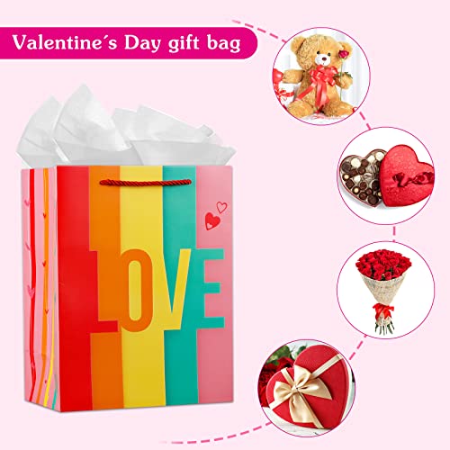 D4DREAM Love Gift Bag for Valentine's Day Medium Gift Bag with Tissue Paper 11" Valentine's Day Paper Gift Bags with Handle Gift Bag with Love Design for Valentines Day Anniversary, Valentines Day, Grooms Gift