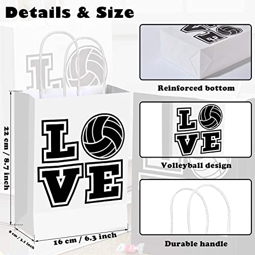 18 Pcs Volleyball Party Treat Bags Volleyball Goody Treat Bag with Handle Black Volleyball Paper Bag Kraft Goodie Candy Bags for Sport Theme Birthday Party Decor (White Backing,Love Style)