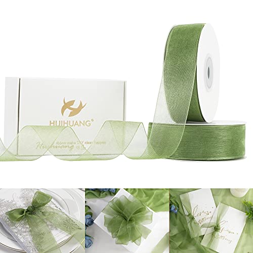 HUIHUANG Organza Ribbon 1 inch Sage Green Sheer Chiffon Ribbon for Gift Wrapping Cake Decor Wedding Invitations Floral Bouquet Gift Basket Bows DIY Crafts - 2 Rolls x 50 Yds Each Roll, 100 Yds Total