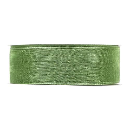 HUIHUANG Organza Ribbon 1 inch Sage Green Sheer Chiffon Ribbon for Gift Wrapping Cake Decor Wedding Invitations Floral Bouquet Gift Basket Bows DIY Crafts - 2 Rolls x 50 Yds Each Roll, 100 Yds Total