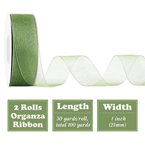 HUIHUANG Organza Ribbon 1 inch Sage Green Sheer Chiffon Ribbon for Gift Wrapping Cake Decor Wedding Invitations Floral Bouquet Gift Basket Bows DIY Crafts - 2 Rolls x 50 Yds Each Roll, 100 Yds Total