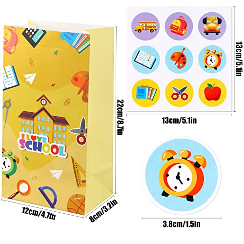 24 Pieces Welcome Back to School Party Gift Bags with 36 Stickers,First Day of School Party Paper Goodie Bags Candy Treat Bags Gift Wrapping Bags,Perfect for School Theme Party Classroom Decorations Supplies