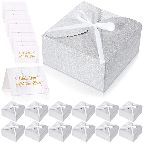 12 Pack Gift Boxes with Ribbons 8 x 8 x 4 Inch Present Boxes with Lids and Greeting Cards Elegant Paper Gift Wrap Boxes Bridesmaid Proposal Boxes for Wedding Birthday Christmas Party (Shiny Silver)