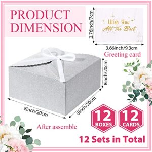 12 Pack Gift Boxes with Ribbons 8 x 8 x 4 Inch Present Boxes with Lids and Greeting Cards Elegant Paper Gift Wrap Boxes Bridesmaid Proposal Boxes for Wedding Birthday Christmas Party (Shiny Silver)